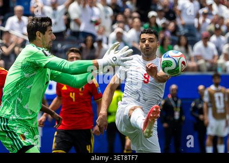 Belgium goalkeeper Thibaut Courtois (1) and IR Iran' Mehdi Taremi (9 ...