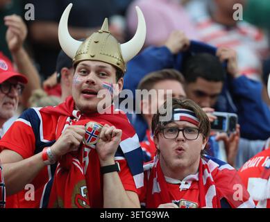 Fans of Norway with horned Viking Styled hats before the FIFA World Cup ...