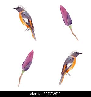 Watercolor seamless pattern bird, magnolia flowers, buds, golden ribbon ...
