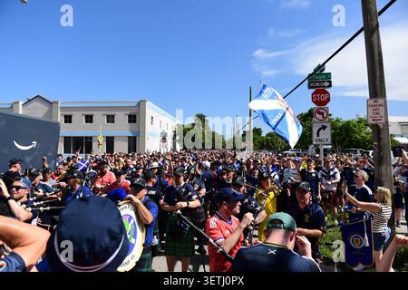 The Tartan Army march to LoanDepot Park in Miami. Scotland play Brazil ...