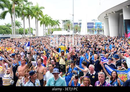 The Tartan Army march to LoanDepot Park in Miami. Scotland play Brazil ...