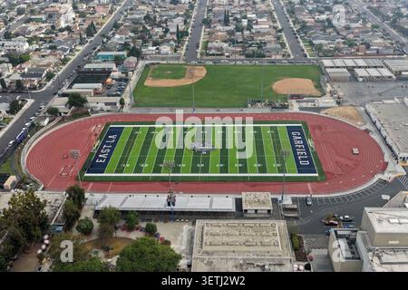 An aerial view of the East LA Garfield High School track and football ...
