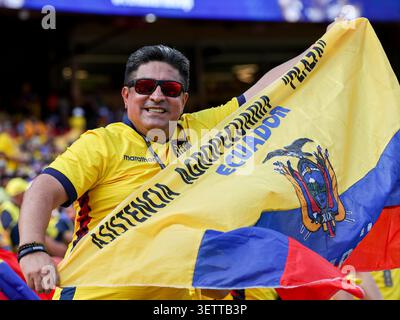 June 20, 2026: An Ecuador fan claps and cheers on his team during the ...