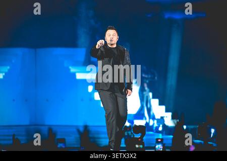 Italian singer Tiziano Ferro, seen performing live on stage at Stadium ...