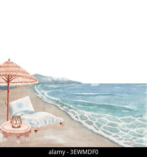 Watercolor beach scene with straw umbrella, seaside table and tassel ...