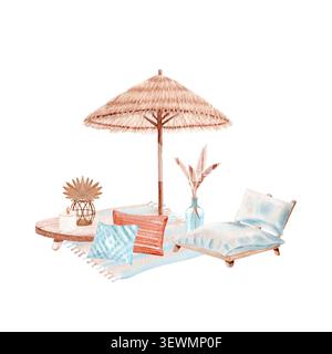Watercolor beach scene with straw umbrella, seaside table and tassel ...
