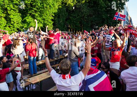 Oslo 20260630. The audience cheers after the victory in the World Cup ...