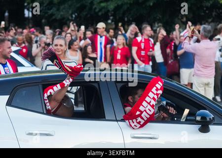 Oslo 20260630. Norwegian fans celebrate in the streets after victory in ...