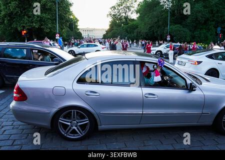 Oslo 20260630. Norwegian fans celebrate in the streets after victory in ...
