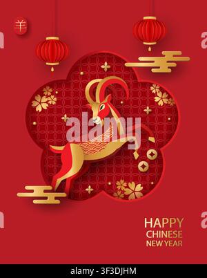New Year 2027 paper cutting design with Goat zodiac sign cut shape on ...