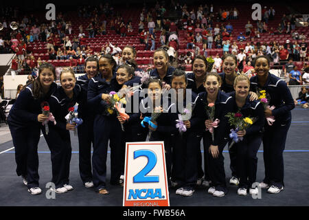 April 2, 2016: The University of California Berkeley gymnastics team ...