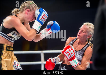 Czech professional boxer Fabiana Bytyqi (left) defeats Denise Castle ...