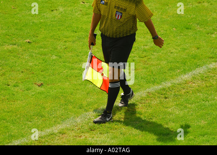 Football or soccer line judge, official referee holding flag Stock ...