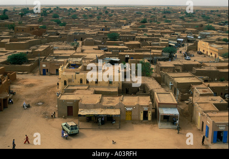 Aerial view of Agadez Niger Africa Tower at center left is mosque town ...