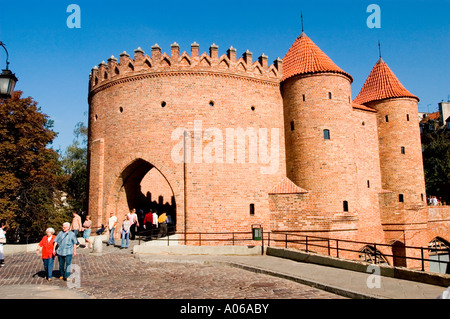 Medieval Barbican aka Barbakan defense walls and towers with red tile ...