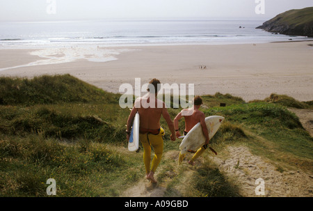 Surfing 1980s UK. Penhale Beach, Perranporth, Cornwall England Circa ...