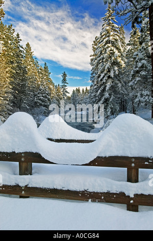 Snow pattern on rail of bridge at Wizard Falls Fish Hatchery. Metolius ...