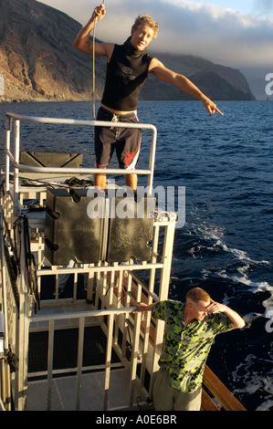 Isla Guadelupe Mexico Great White shark diving Luke Tipple crewmember ...