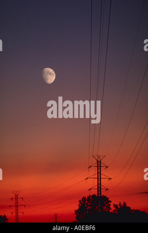 Electric Power Cables at Sunrise Stock Photo - Alamy
