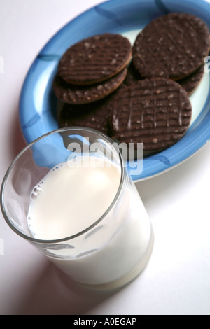 plate of chocolate digestives and glass of milk Stock Photo - Alamy