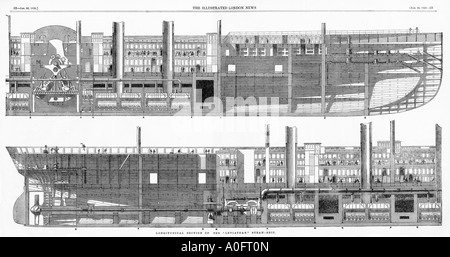 VICTORIAN STEAM SHIP PLAN. "Great Eastern". Profile horizontal section ...