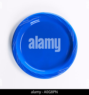 Blue empty paper disposable plate on white isolated background, top ...