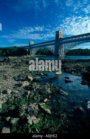 Britannia Bridge and Rock Pools Menai Strait Anglesey North West Wales ...