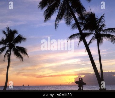 Hawaiian sunset as seen from Waikiki Beach, Honolulu, Oahu, Hawaii USA ...