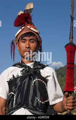 MYANMAR BURMA Naga men wearing headdress decorated with wild boar teeth ...