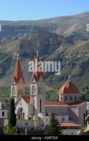 St Saba Church and red tile roofed town Bcharre Qadisha Valley UNESCO ...
