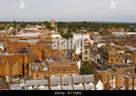 St Albans Town Centre with shops and St Albans Abbey Stock Photo - Alamy