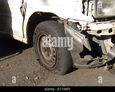 Deflated damaged tyre on white car wheel Stock Photo - Alamy