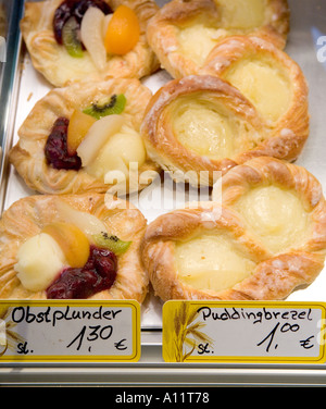 Obstplunder puddingbrezel two German cakes for sale in a bakery in ...