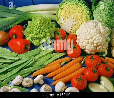 Different tasty vegetables and mushrooms in frying pan on light grey ...