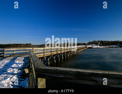 Long wooden wharf pier at Fort Foster which is an old Military base ...