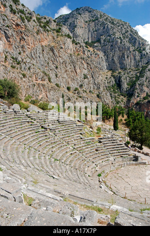 Delphi amplitheatre ruins, Greece under Mount Parnasus Stock Photo - Alamy