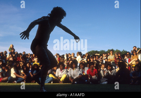 Australian aboriginal dancing at a corroboree. Body painted with pipe ...