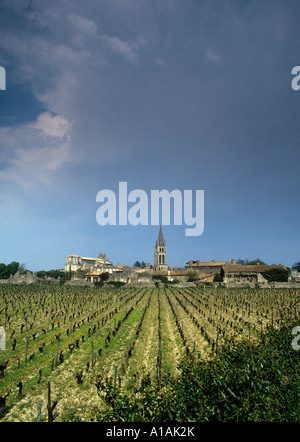 St Emilion medieval walled hilltop village surrounded by vineyards of ...