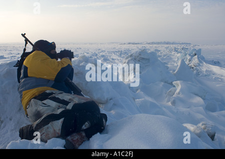 inupiat hunter looks for caribou on the frozen Arctic ocean off ...
