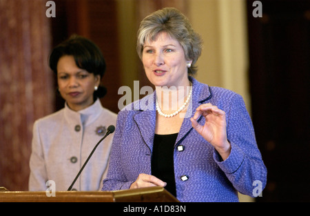 Karen Huges speaks at a news conference at the state department in ...