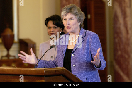 Karen Huges speaks at a news conference at the state department in ...