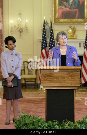 Karen Huges speaks at a news conference at the state department in ...