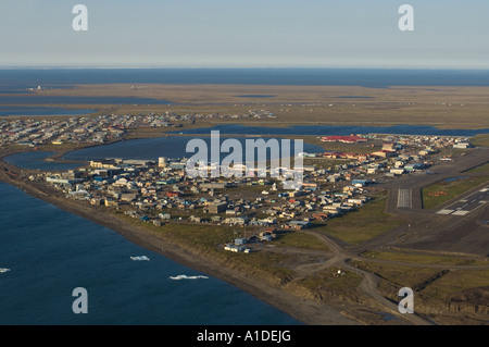 aerial of the Inupiat village Utqiagvik Barrow during spring breakup ...