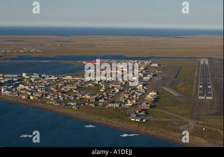 aerial of the Inupiat village Utqiagvik Barrow during spring breakup ...