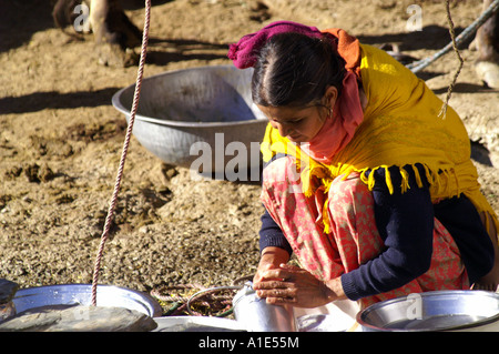 Young Indian woman washing dishes outside their rural indian village ...