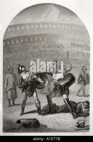 Gladiators in combat, wearing helmets and using shields Stock Photo - Alamy