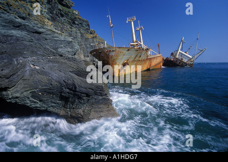 South Devon rocky coastline & rust on shipwreck of cargo ship MV ...