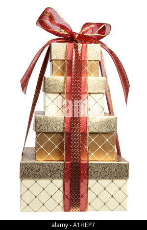 Wrapped Christmas presents with decoration in snow. Flat lay of gift ...