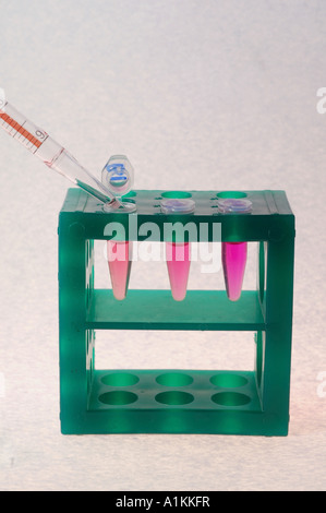 Test tubes with reagents in rack near swimming pool. Space for text ...