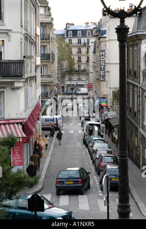 Side street in Paris, France with leading lines to a little church ...